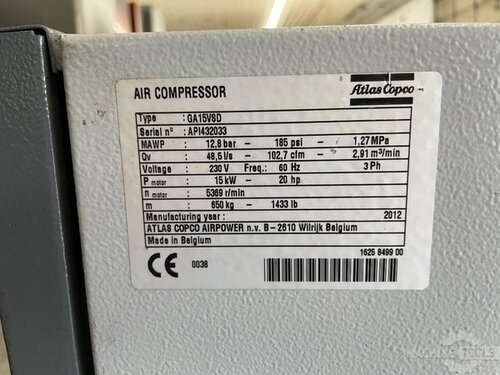 ATLAS COPCO GA15VSD Rotary Screw & Sliding Vane Air Compressors #621868 ...